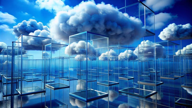 Cloud Cubicles Glass Structures, Blue Sky, Floating Clouds Stock Illustration - Illustration of ...