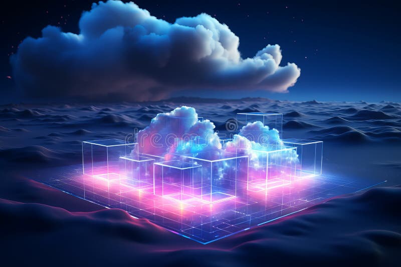 Cloud Data Base Technology Concept with Blue and Pink Glowing Neon ...