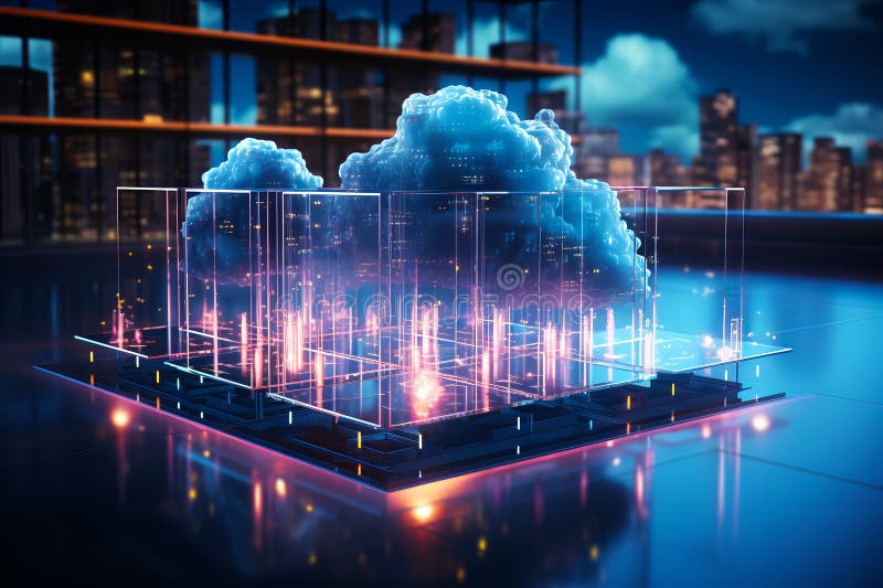 Cloud Data Base Technology Concept with Blue and Pink Glowing Neon ...