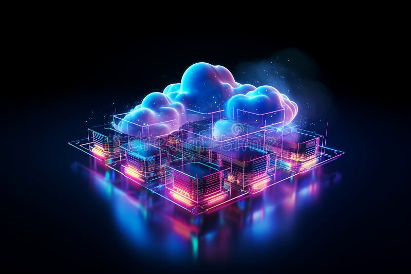 Cloud Data Base Technology Concept with Blue and Pink Glowing Neon ...
