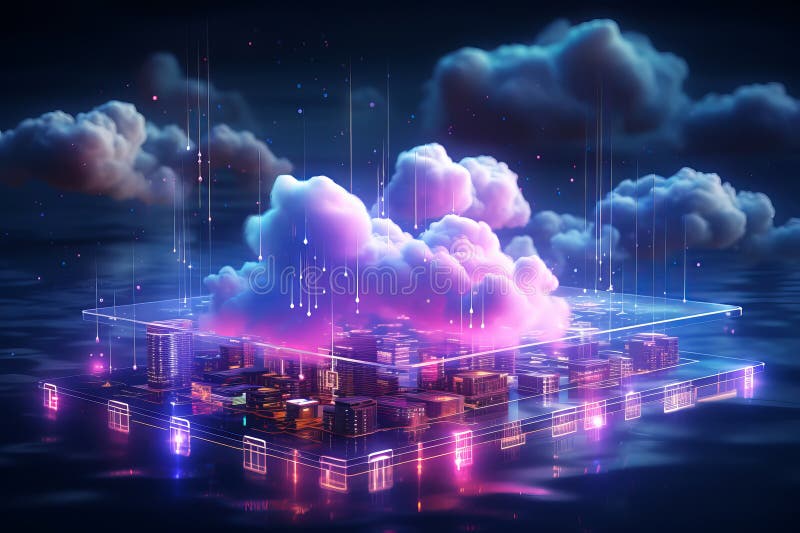 Cloud Data Base Technology Concept with Blue and Pink Glowing Neon ...