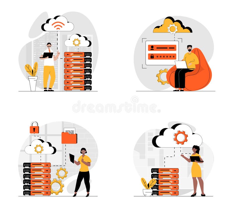 Cloud Data Center Concept With Character Set Collection Of Scenes