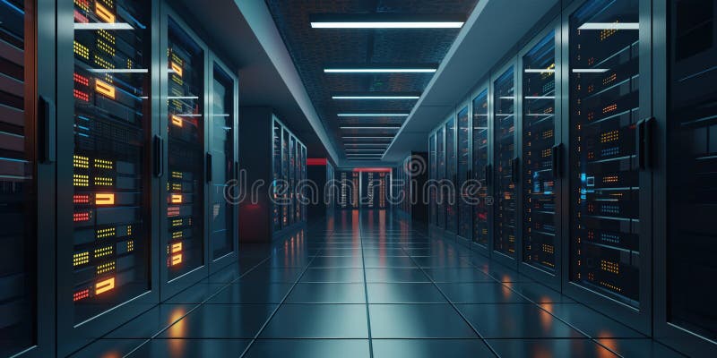 Cloud Data Center Facility with Rows of Server Racks in High-tech Room ...