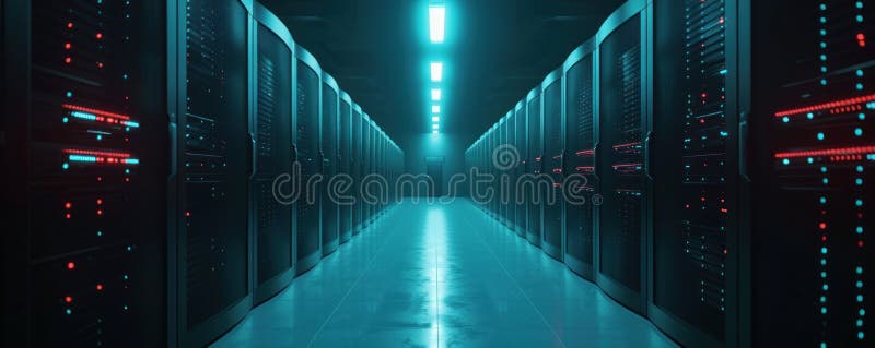 Cloud Data Center with Holographic Key Interface, Medium Shot, Dim ...