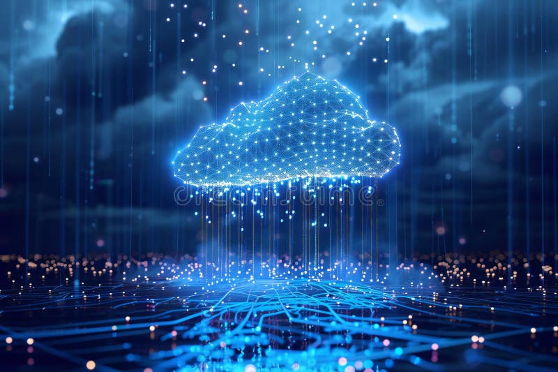 A Cloud with Data Flowing Out of it, Blue Background, Digital ...