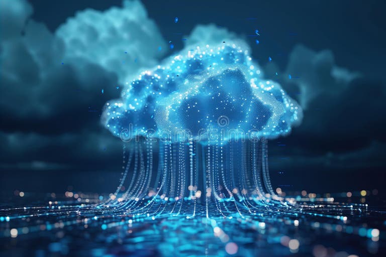 A Cloud with Data Flowing Out of it, Blue Background, Digital ...