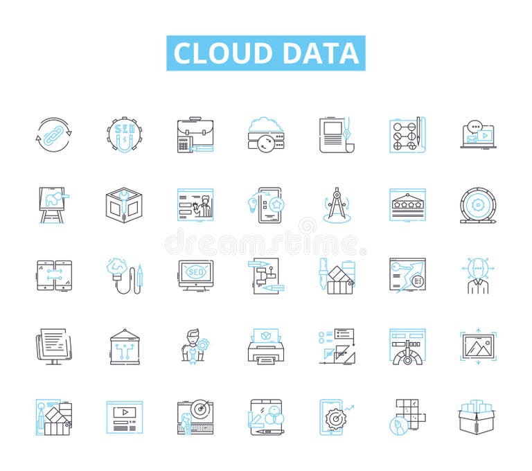 Cloud Data Linear Icons Set. Sync, Backup, Security, Accessibility, Scalability, Flexibility ...