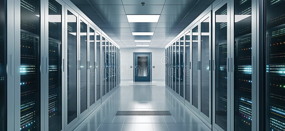 Cloud Data Service Center with Rows of Servers in a Large Room. Blue ...