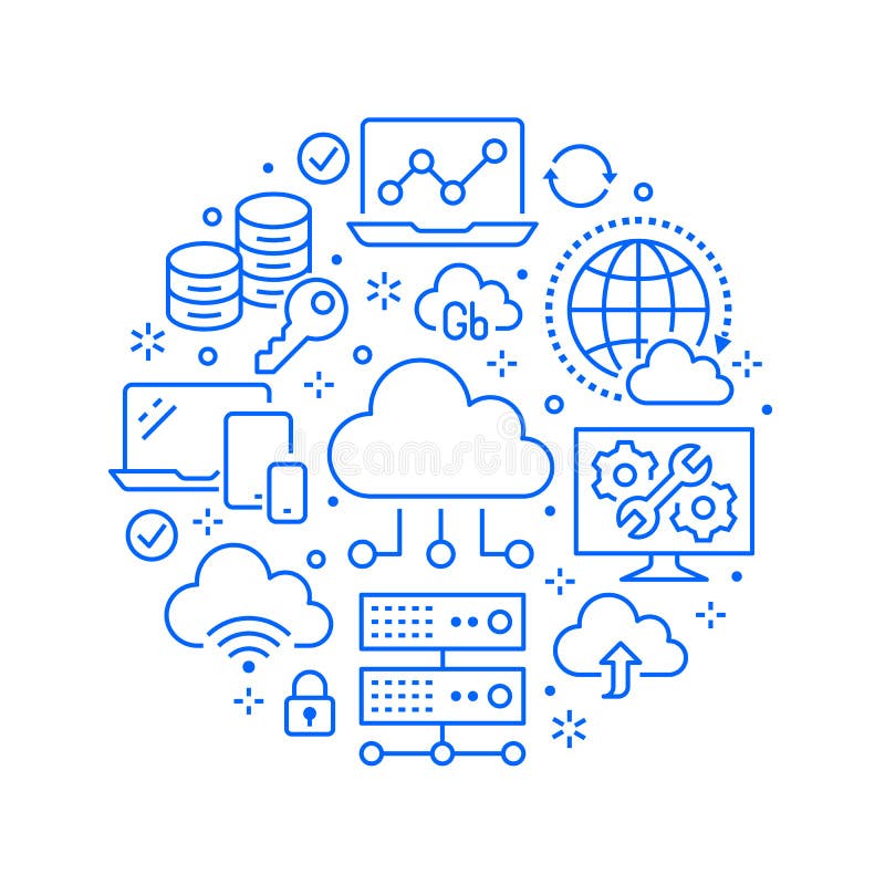Cloud Data Storage Circle Poster with Line Icons. Database Background ...