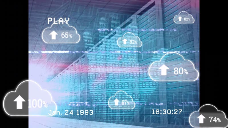 Cloud Data Storage and Processing Animation Over Server Room Background ...