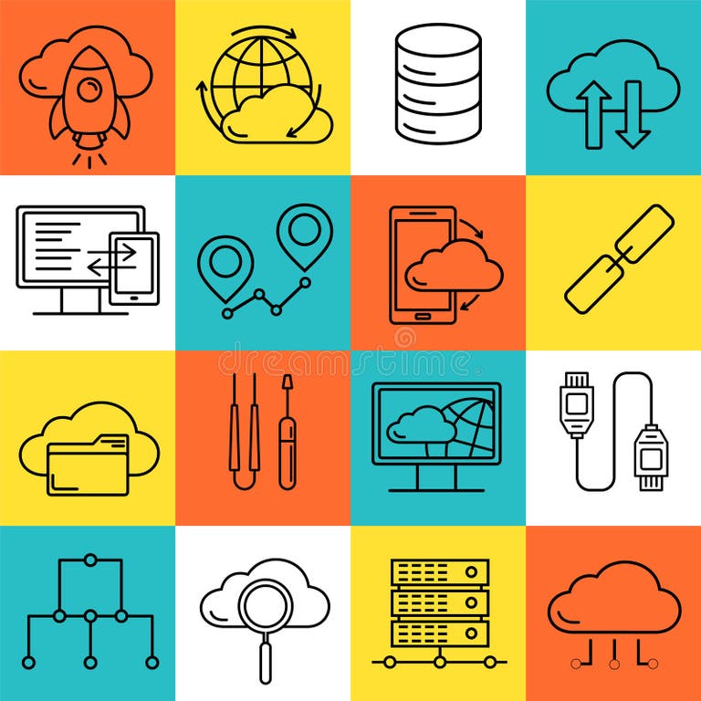 Cloud Data Storage Seamless Pattern with Line Style Icons. Database Background, Information ...