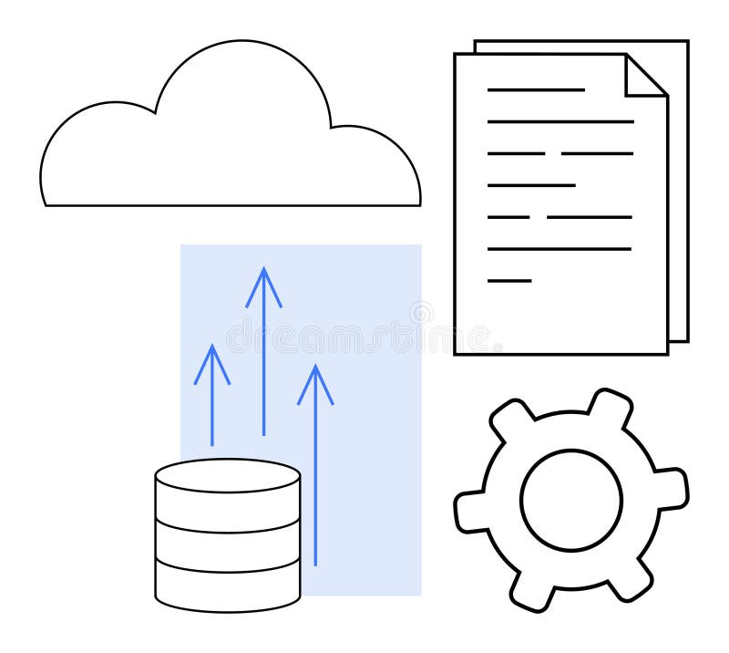 Cloud Data Storage and Transfer Represented with Database, Cloud, Gear, and Documents Stock ...