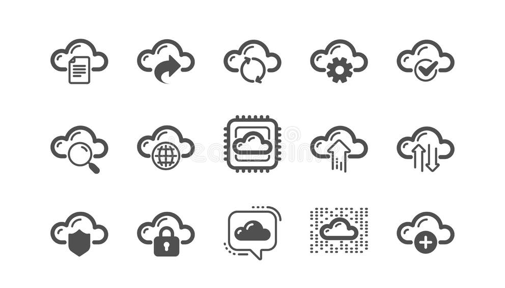 Cloud Data and Technology Icons. Hosting, Computing Data and File Storage. Classic Icon Set ...