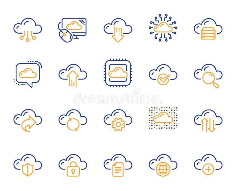 Cloud Data And Technology Line Icons Set Of Hosting Computing Data And File Storage Vector
