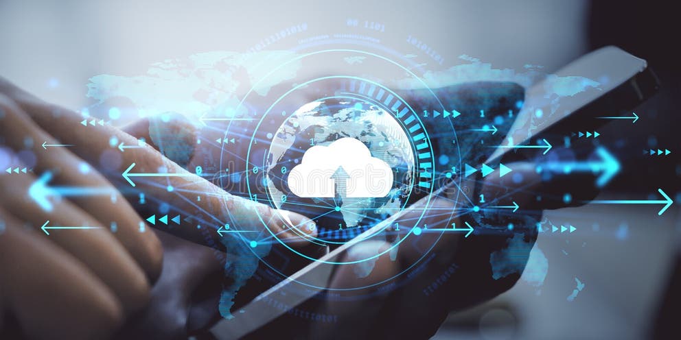 Cloud Data Upload Concept with Digital Arrows and Globe Overlay on ...
