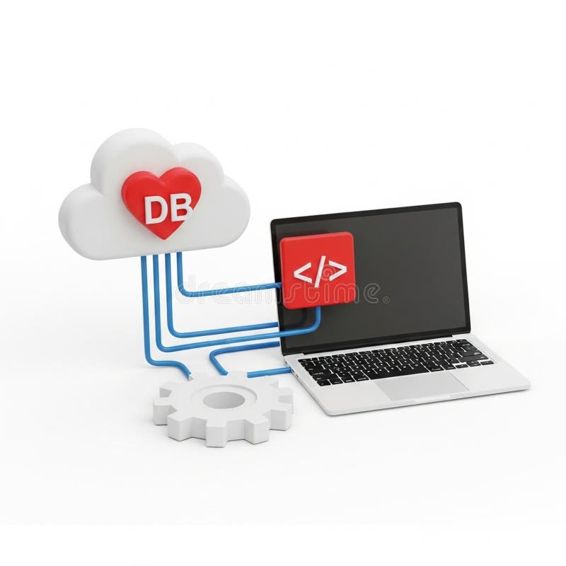 Cloud Database Connection To Laptop with Coding Symbol and Gear Cloud Computing Programming ...