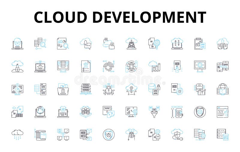 Cloud Development Linear Icons Set. Scalability, Virtualization, Automation, Containerization ...