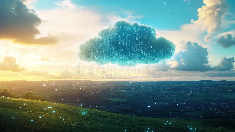 A Cloud of Digital Rain Over a Vibrant Landscape at Sunset in Serenity ...