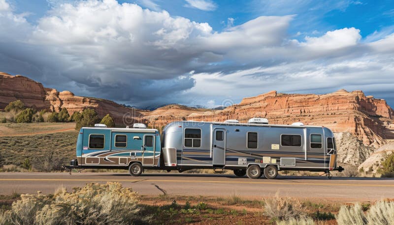 A Cloud of Dust Rises As One RV Tows Another Down a Dirt Road Stock ...