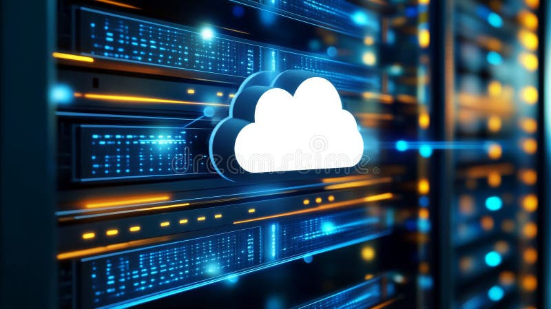 A Cloud Emblem in a Server Rack-filled Data Center, Depicting Hybrid ...
