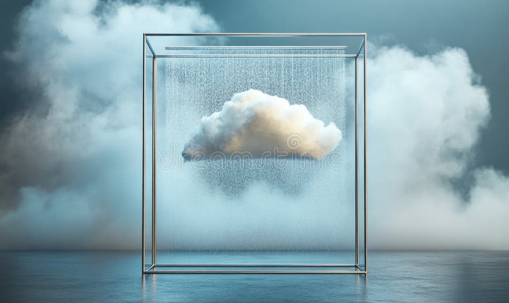 A Cloud is Falling from the Sky and is Inside a Square Glass Box Stock ...