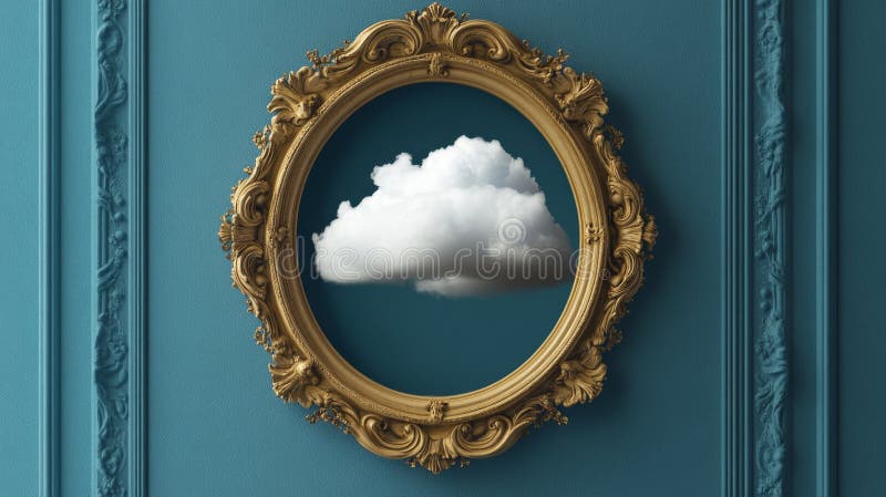Cloud Floating in Ornate Gold Frame on Teal Wall, Surreal Art Concept ...