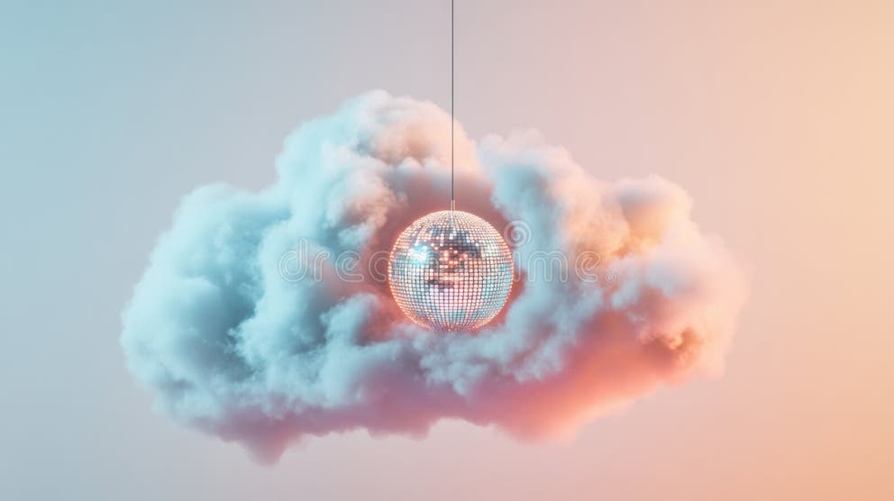 Cloud with Hanging Disco Ball, Surreal Art Concept Stock Image - Image ...