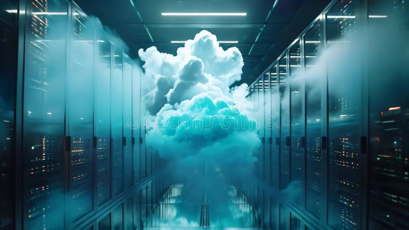 A Cloud Hovers in the Middle of a Server Room, Surrounded by Rows of ...