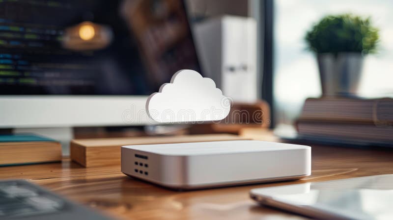 Cloud Icon Floating Above a Compact Device on a Modern Desk ...