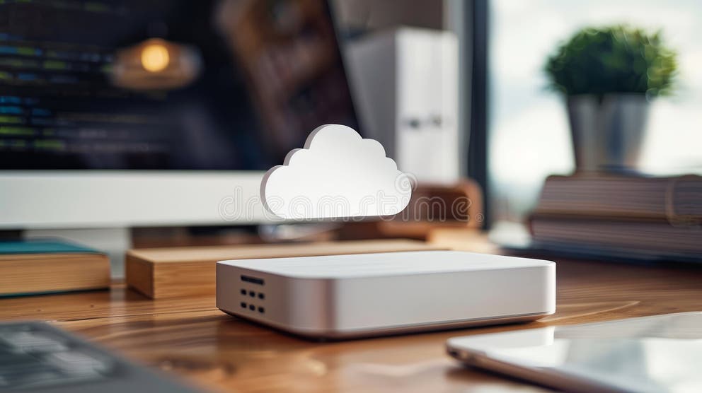 Cloud Icon Floating Above a Compact Device on a Modern Desk ...