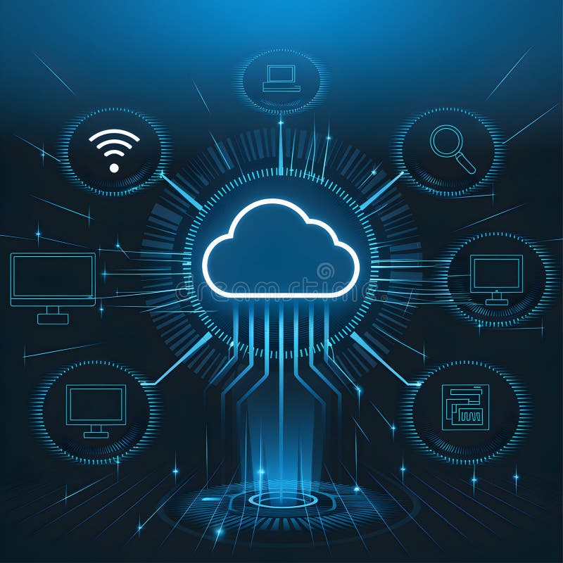 Cloud Icon with Tech Symbols, Glowing Particles, Seamless Data Flow ...