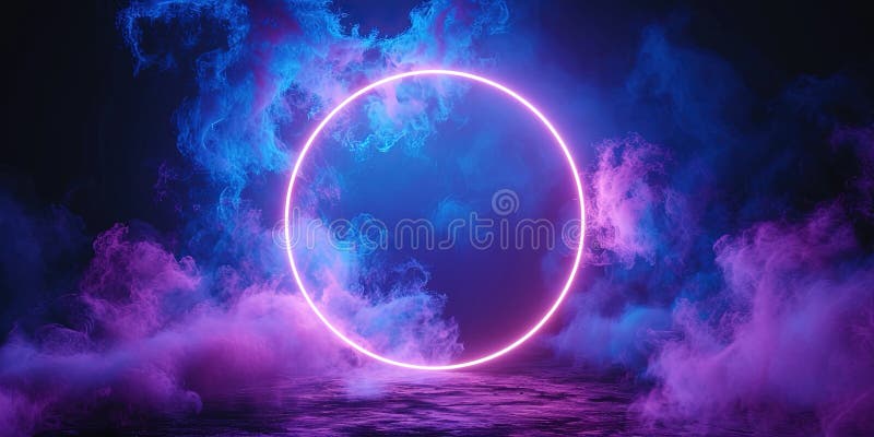 Cloud Illuminated with Neon Indigo Light Ring on Dark Round Frame Stock ...