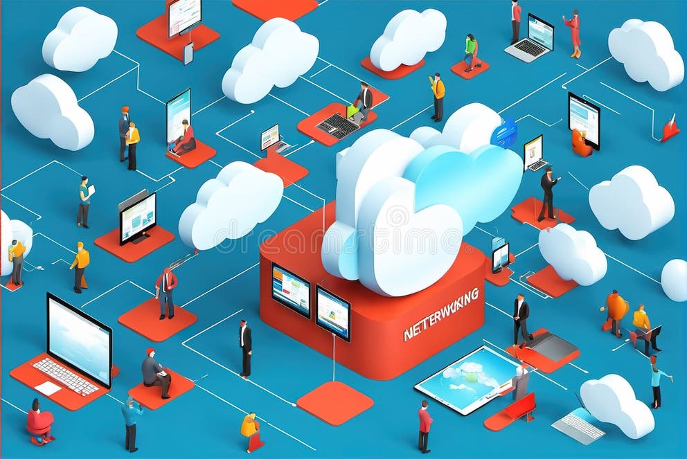 Cloud Interconnection and Internet Terminal Equipment in 3D Solid Element Illustration Style ...