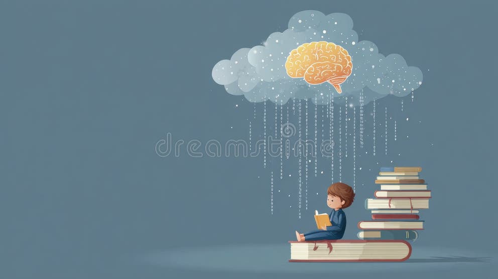Cloud of Knowledge Raining Down on Child Reading by Stack of Books in ...