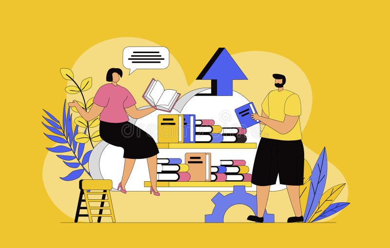 Cloud Library Concept with Modern Flat Design for Web. Woman and Man ...