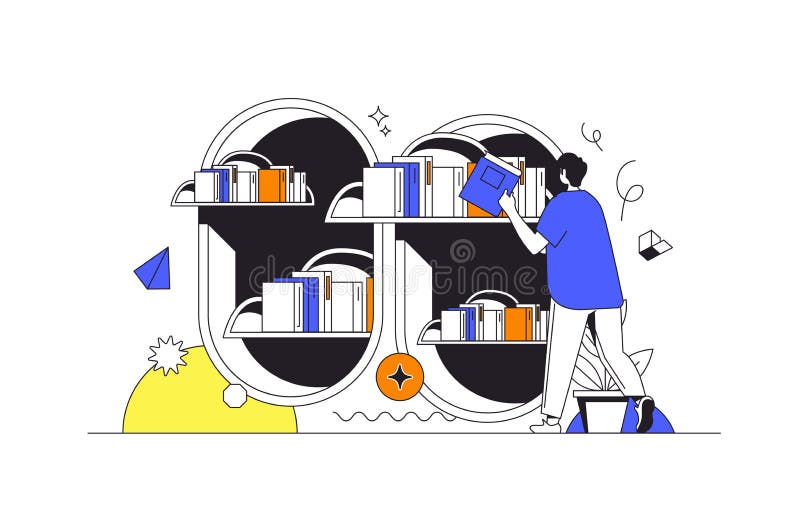 Cloud Library Web Concept in Flat Outline Design with Character. Stock ...