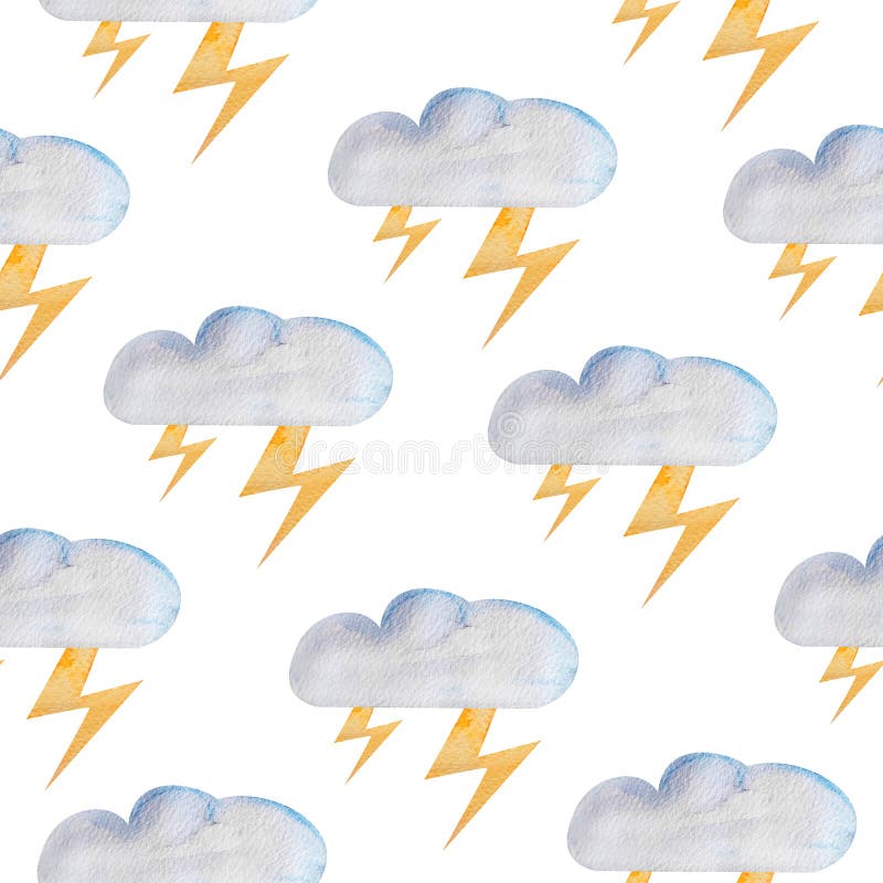 Cloud with Lightning Weather Watercolor Seamless Pattern Stock ...