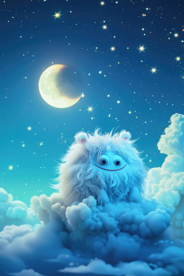 Cloud-like Fluffy Creature Under a Crescent Moon in a Starry Night Sky ...