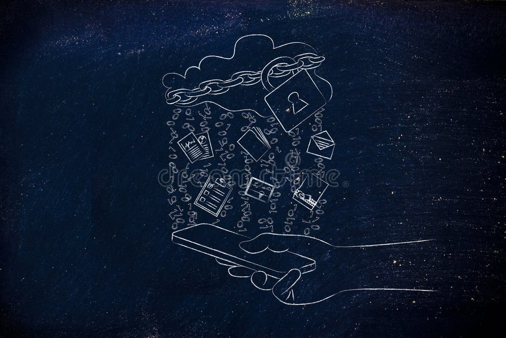 Cloud with Lock & Document Rain Over Mobile Stock Image - Image of ...