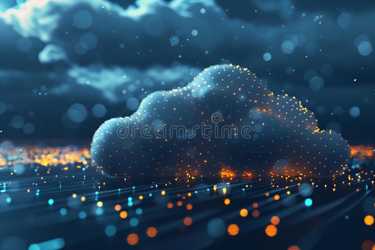 Cloud with Many Small Data Connections, Dark Blue Background, Glowing ...