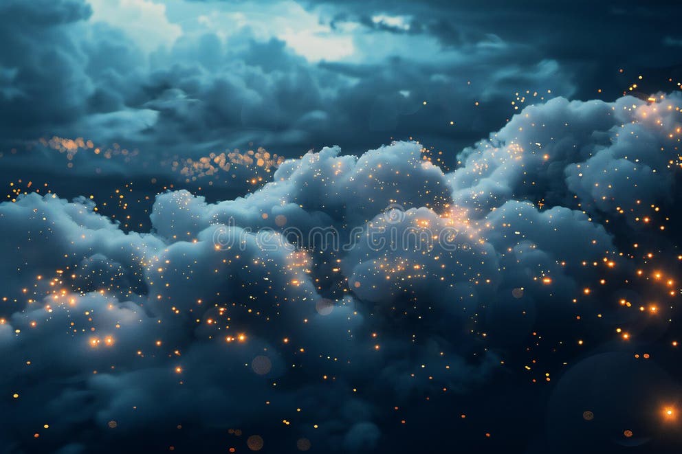 Cloud with Many Small Data Connections, Dark Blue Background, Glowing ...