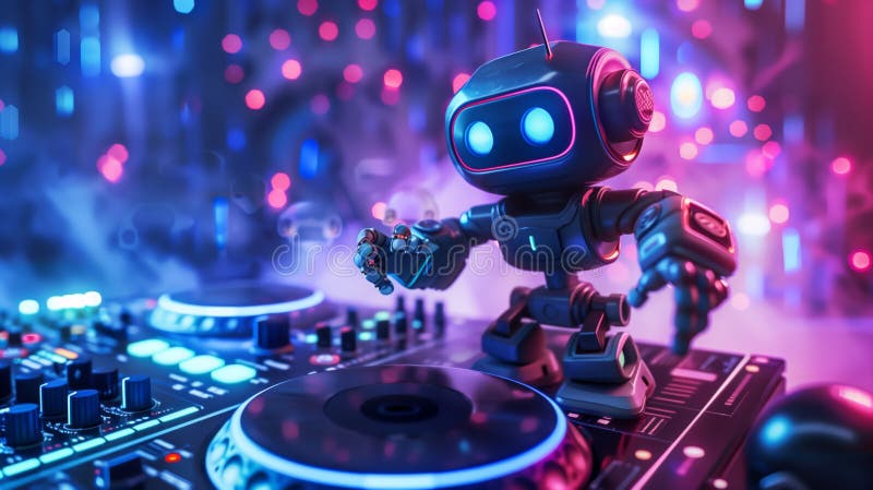 A Cloud of Modern Robots Dances at a Party with a Robot DJ. Stock ...