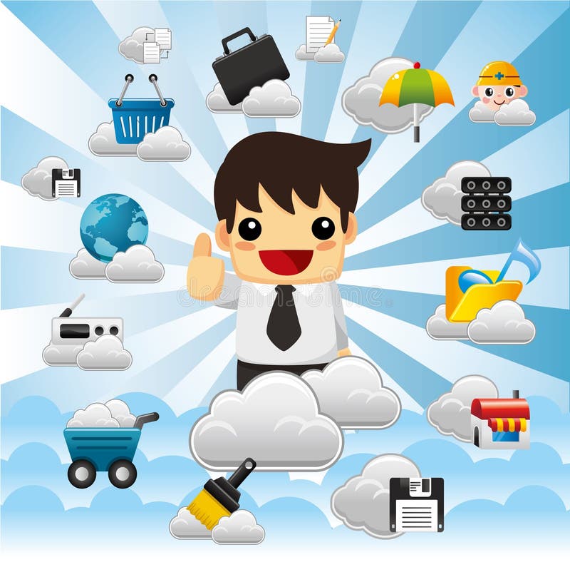 Cartoon Man Sitting on Clouds Use Laptop Computer Stock Vector ...