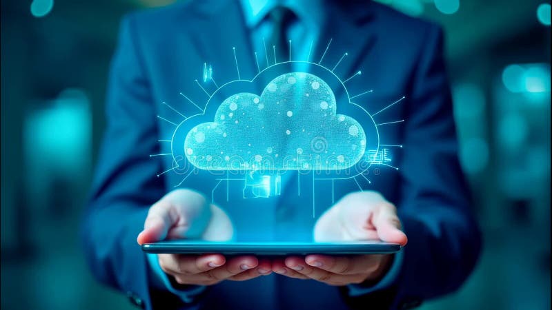 Cloud Network Hologram Floating Above Tablet in Hands of Businessman ...