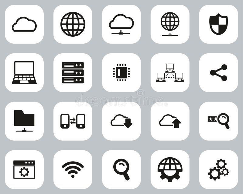 Cloud Network Icons Black & White Flat Design Set Big Stock Vector ...