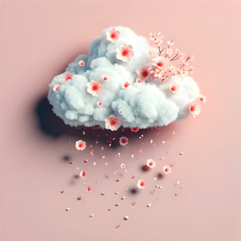 A Cloud with Pink Cherry Blossoms Floats in the Air with Petals Falling from it Against a Pink ...