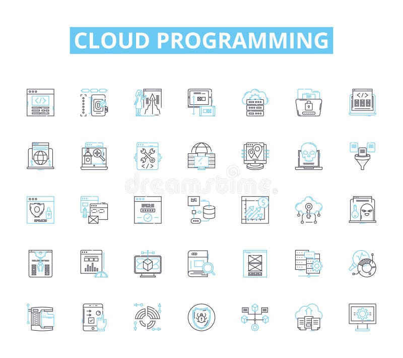 Cloud Programming Linear Icons Set. Virtualization, Elasticity, DevOps, Deployment ...