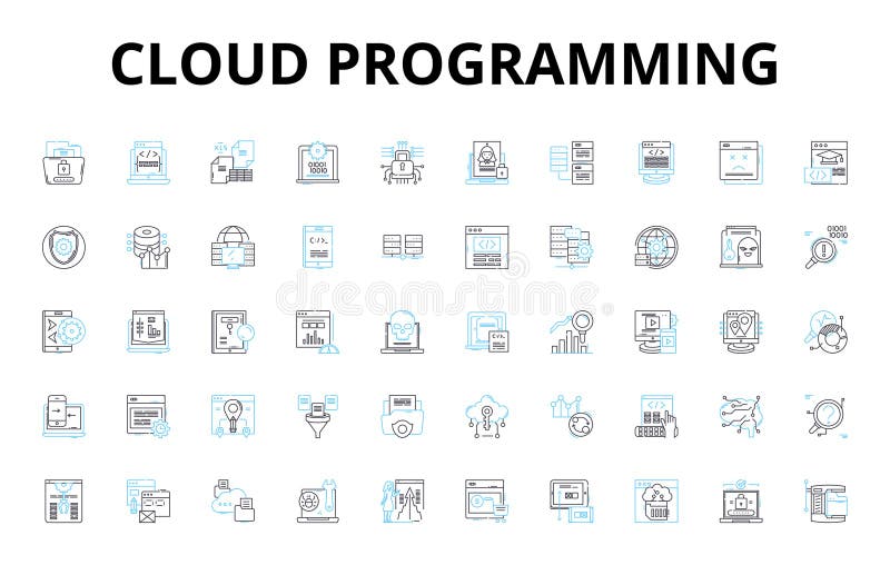 Cloud Programming Linear Icons Set. Virtualization, Elasticity, DevOps ...
