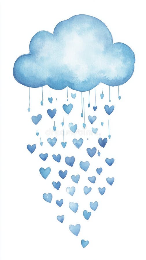 Cloud Raining Blue Hearts in Flat on White Background Stock ...