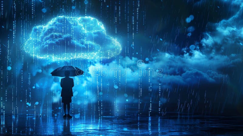 A Cloud Raining Down Data Onto a Person Holding an Umbrella Symbolizing ...